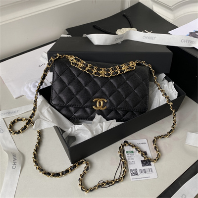Cha.nel Wallet On Chain Grained Calfskin Gold Tone Metal Black AP3019 ...