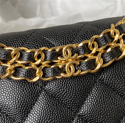 Cha.nel Wallet On Chain Grained Calfskin Gold Tone Metal Black AP3019 ...