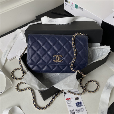 Cha.nel Wallet On Chain Grained Calfskin Gold Tone Metal Navy AP3180 ...