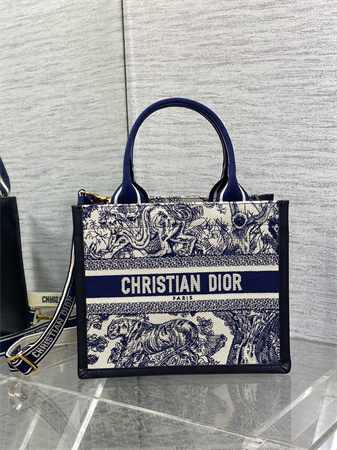 CD Small Book Tote With Strap White and Navy Blue Toile de Jouy Sauvage ...