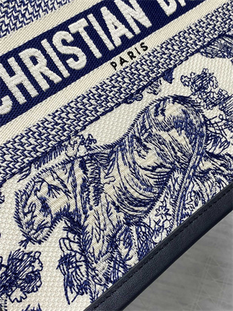 CD Small Book Tote With Strap White and Navy Blue Toile de Jouy Sauvage ...