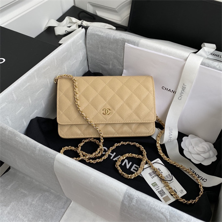 Cha.nel Wallet On Chain Grained Calfskin Gold Tone Metal Beige AP0250 ...