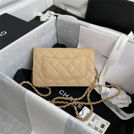 Cha.nel Wallet On Chain Grained Calfskin Gold Tone Metal Beige AP0250 ...