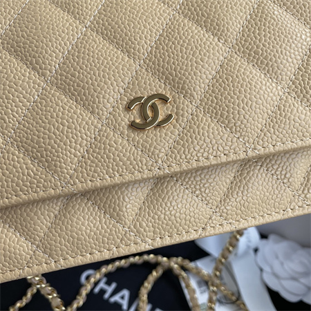 Cha.nel Wallet On Chain Grained Calfskin Gold Tone Metal Beige AP0250 ...