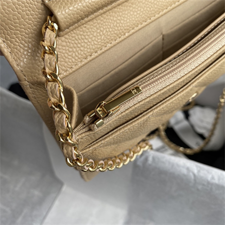 Cha.nel Wallet On Chain Grained Calfskin Gold Tone Metal Beige AP0250 ...